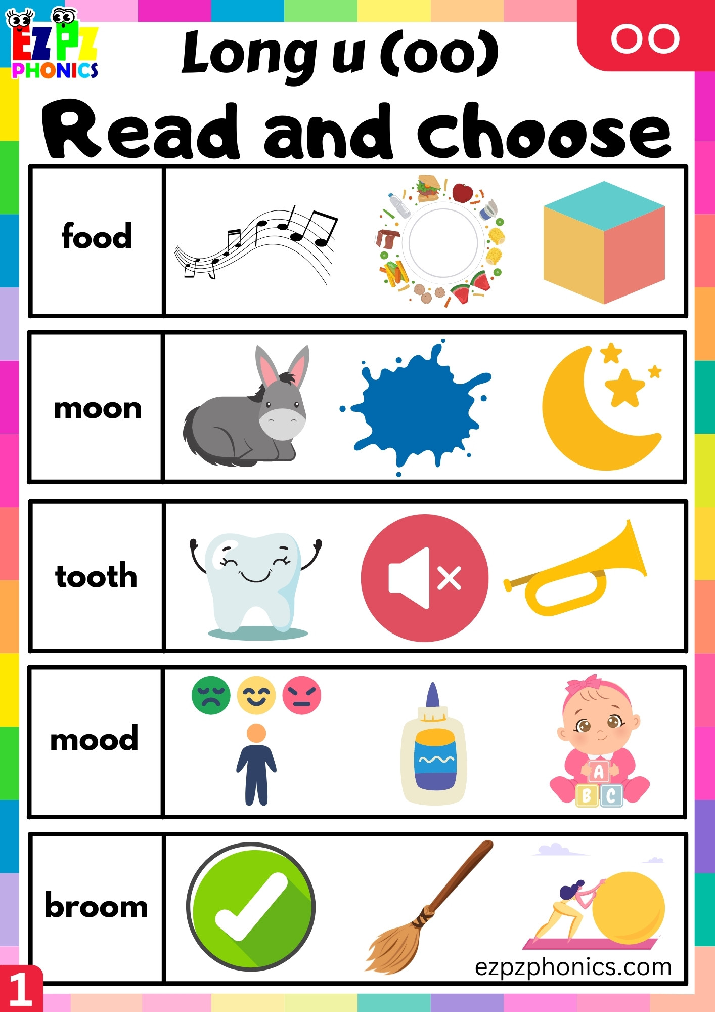 Read the Words and Choose the Correct Images for oo Words Long u (oo) Sound - ezpzphonics.com